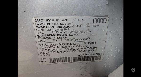 Pelēks Audi Q5 2020 Plungė, ar dzinēja tilpumu 1.98 L un nobraukumu 147 tūkst. km par 13500 €, foto 8 vietnē AUTOMOTO.COM.LV