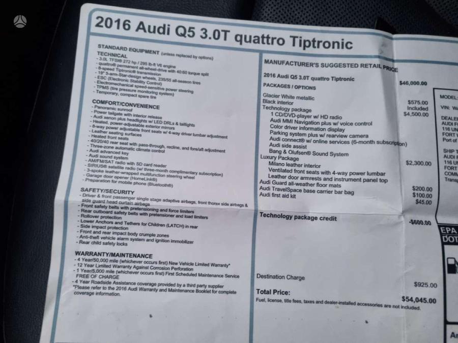 White Audi Q5 2016 in Kaunas, with an engine capacity of 3.00 L and mileage of 298 thousand km for 12999 €, photo 13 on AUTOMOTO.COM.LV