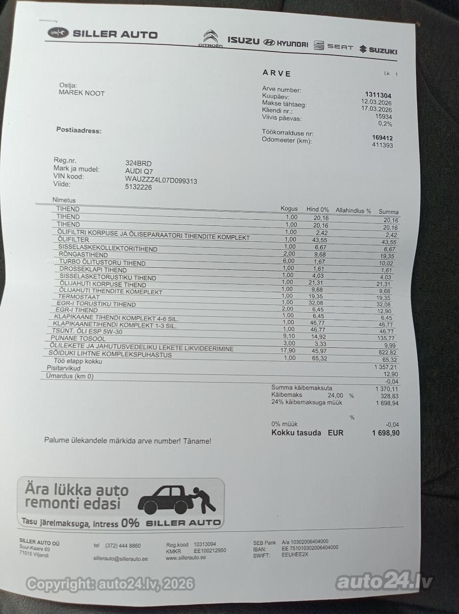 Черный Ауди Ку 7 2007 в Таллин, объемом двигателя 3.00 л и пробегом 413 тыс. км за 8500 €, фото 26 на AUTOMOTO.COM.LV