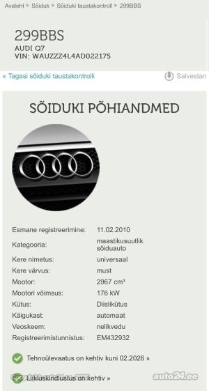 Black Audi Q7 2010 in Tartu, with an engine capacity of 3.00 L and mileage of 331 thousand km for 10999 €, photo 20 on AUTOMOTO.COM.LV