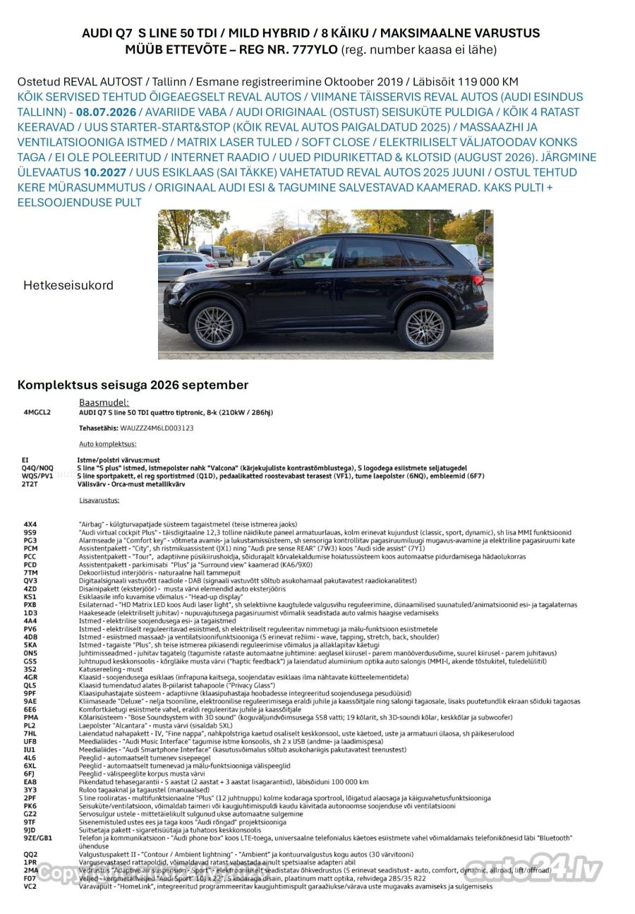 Black Audi Q7 2019 in Tallinn, with an engine capacity of 3.00 L and mileage of 119 thousand km for 48000 €, photo 17 on AUTOMOTO.COM.LV