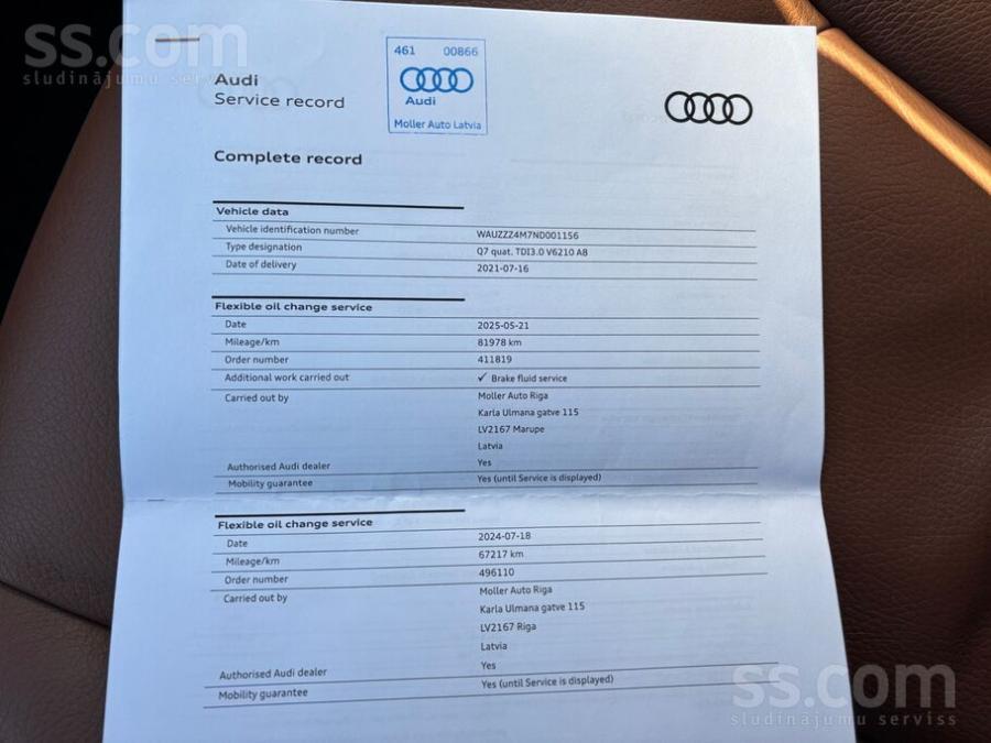 Black Audi Q7 2021 in Riga, with an engine capacity of 3.00 L and mileage of 92 thousand km for 39950 €, photo 33 on AUTOMOTO.COM.LV
