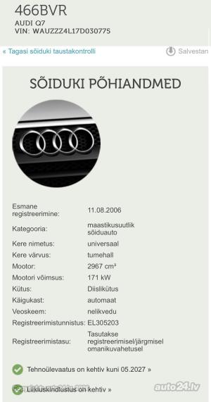 Pelēks Audi Q7 2006 Tartu, ar dzinēja tilpumu 3.00 L un nobraukumu 257 tūkst. km par 5499 €, foto 17 vietnē AUTOMOTO.COM.LV