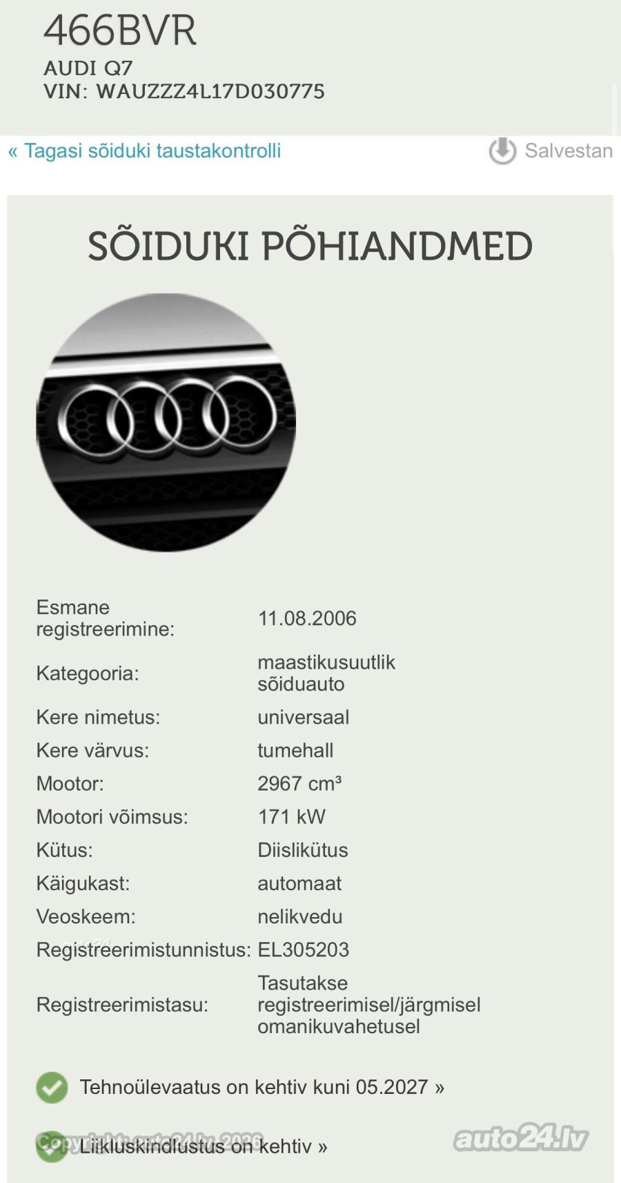 Pelēks Audi Q7 2006 Tartu, ar dzinēja tilpumu 3.00 L un nobraukumu 257 tūkst. km par 5499 €, foto 17 vietnē AUTOMOTO.COM.LV