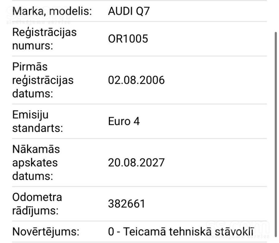 Grey Audi Q7 2006 in Riga, with an engine capacity of 3.00 L and mileage of 383 thousand km for 5690 €, photo 33 on AUTOMOTO.COM.LV