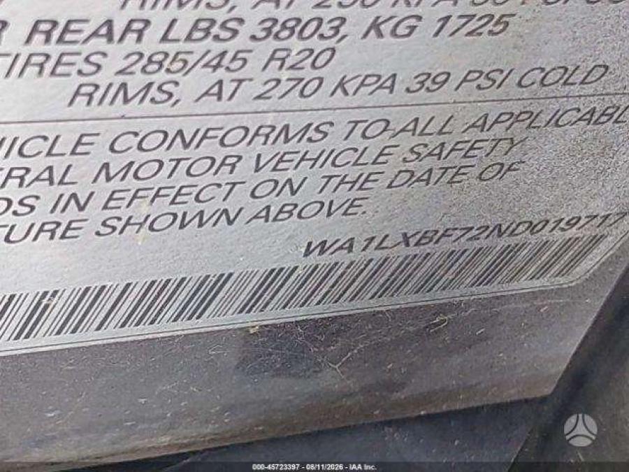 Серый Ауди Ку 7 2022 в Клайпеда, объемом двигателя 3.00 л и пробегом 80 тыс. км за 16000 €, фото 13 на AUTOMOTO.COM.LV