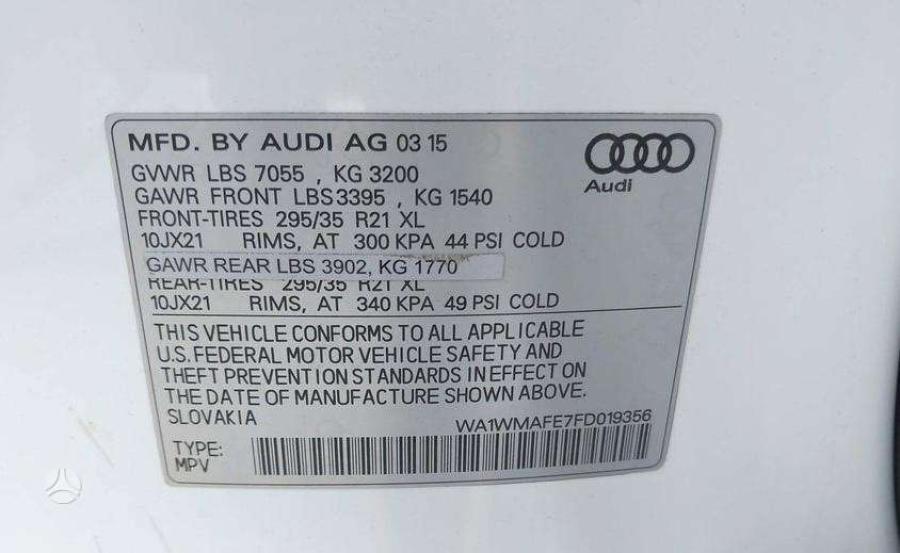 White Audi Q7 2015 in Vilnius, with an engine capacity of 3.00 L and mileage of 275 thousand km for 9990 €, photo 13 on AUTOMOTO.COM.LV