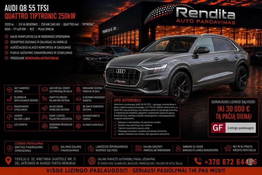 Grey Audi Q8 2020 in Kretinga, with an engine capacity of 3.00 L and mileage of 172 thousand km for 37199 €, photo 43 on AUTOMOTO.COM.LV