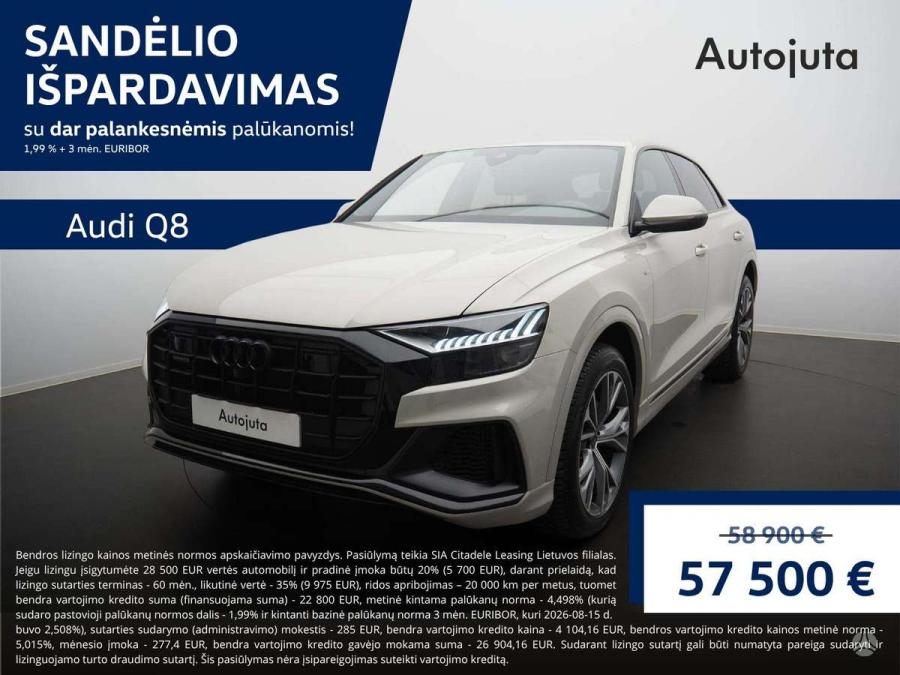 Yellow Audi Q8 2023 in Vilnius, with an engine capacity of 3.00 L and mileage of 74 thousand km for 57500 €, photo 1 on AUTOMOTO.COM.LV