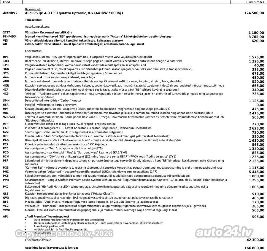 Черный Ауди RS Q8 2020 в Таллин, объемом двигателя 4.00 л и пробегом 86 тыс. км за 85000 €, фото 1 на AUTOMOTO.COM.LV