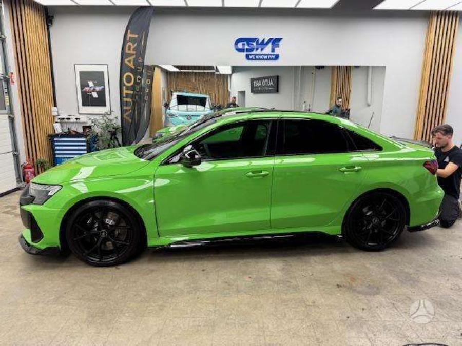 Green Audi RS3 2025 in Vilnius, with an engine capacity of 2.48 L and mileage of 4 thousand km for 72500 €, photo 1 on AUTOMOTO.COM.LV