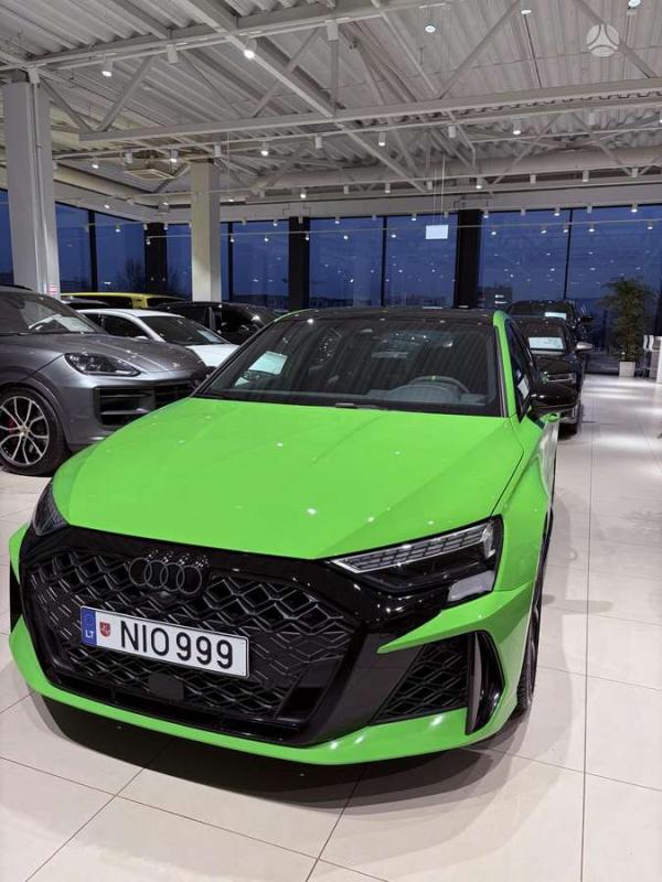 Green Audi RS3 2025 in Vilnius, with an engine capacity of 2.48 L and mileage of 5 thousand km for 64999 €, photo 1 on AUTOMOTO.COM.LV
