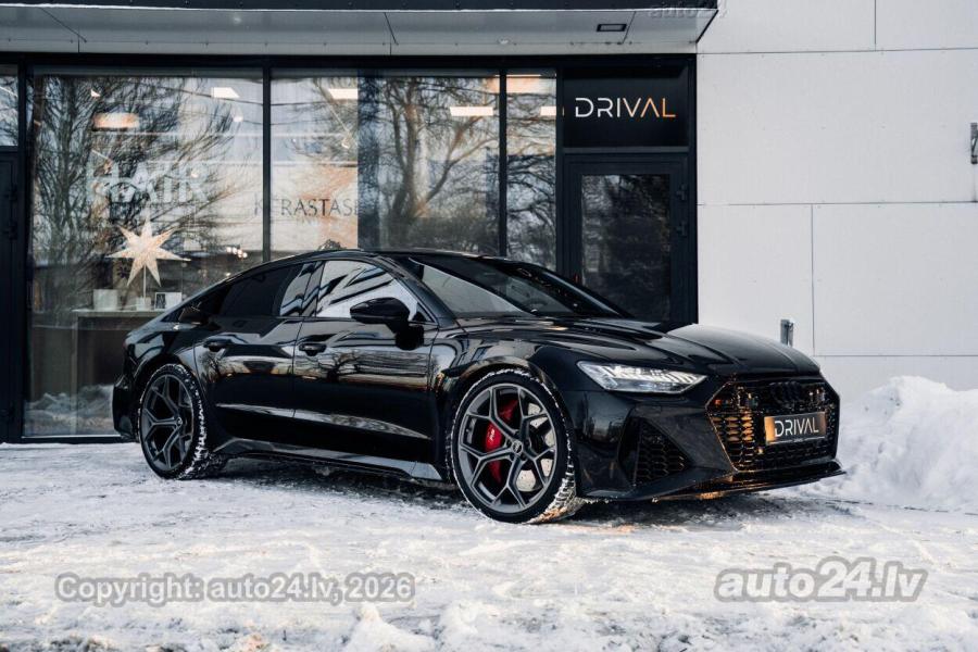 Black Audi RS7 2023 in Tallinn, with an engine capacity of 4.00 L and mileage of 65 thousand km for 98900 €, photo 1 on AUTOMOTO.COM.LV