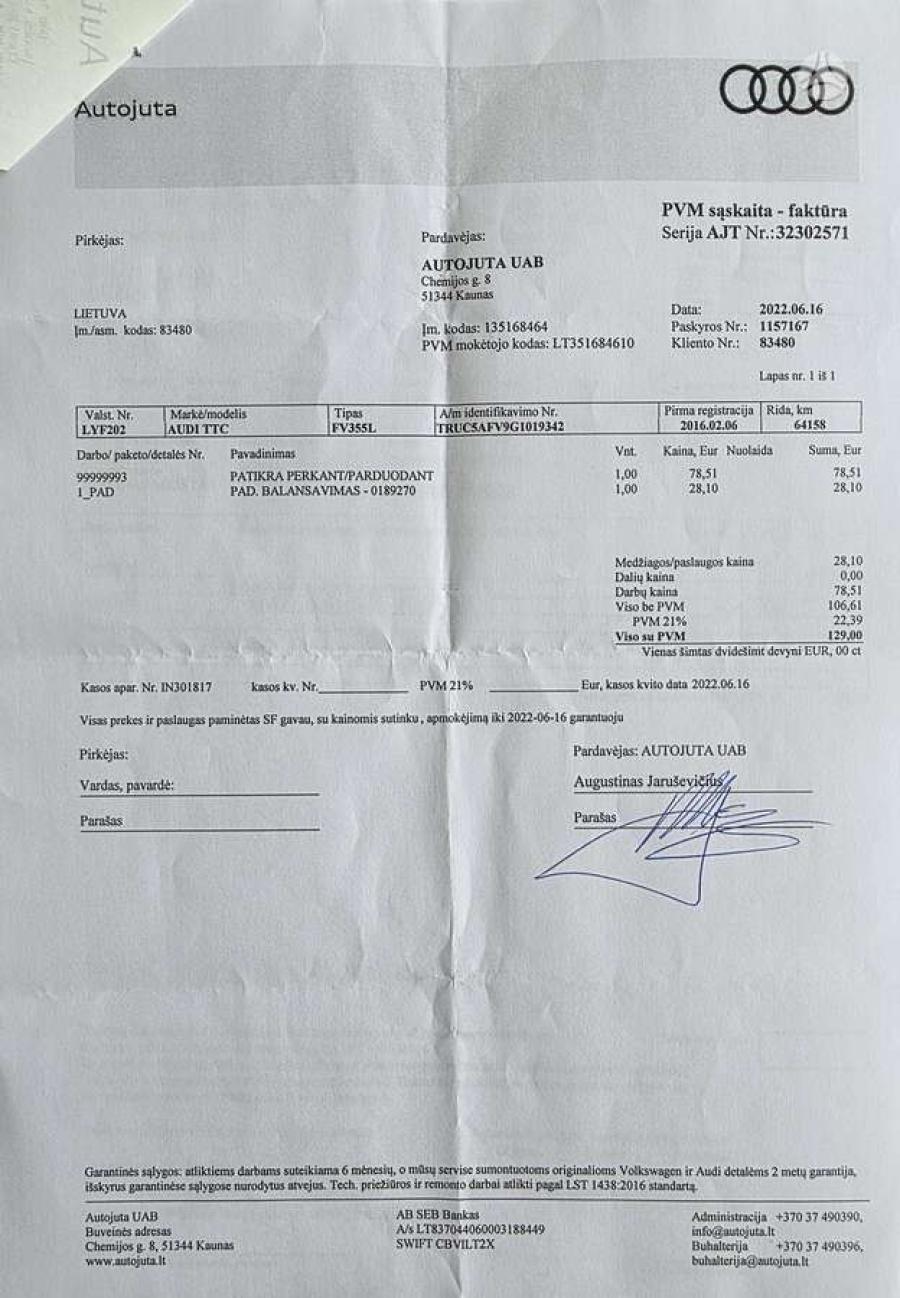 Black Audi TT 2016 in Vilnius, with an engine capacity of 2.00 L and mileage of 129 thousand km for 21900 €, photo 27 on AUTOMOTO.COM.LV