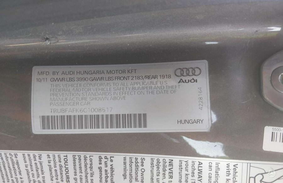 Pelēks Audi TT 2012 Viļņa, ar dzinēja tilpumu 1.98 L un nobraukumu 264 tūkst. km par 6400 €, foto 25 vietnē AUTOMOTO.COM.LV