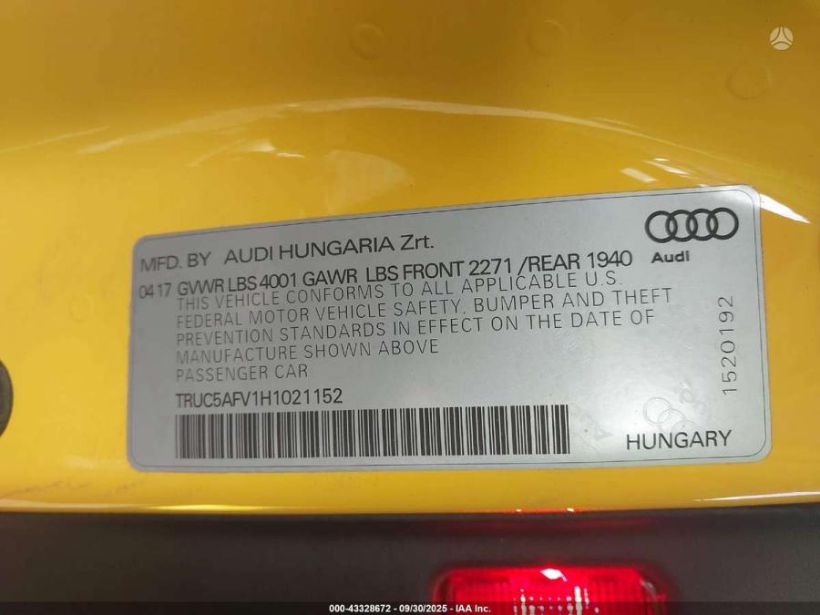Yellow Audi TT 2017 in Vilnius, with an engine capacity of 1.98 L and mileage of 260 thousand km for 8500 €, photo 16 on AUTOMOTO.COM.LV