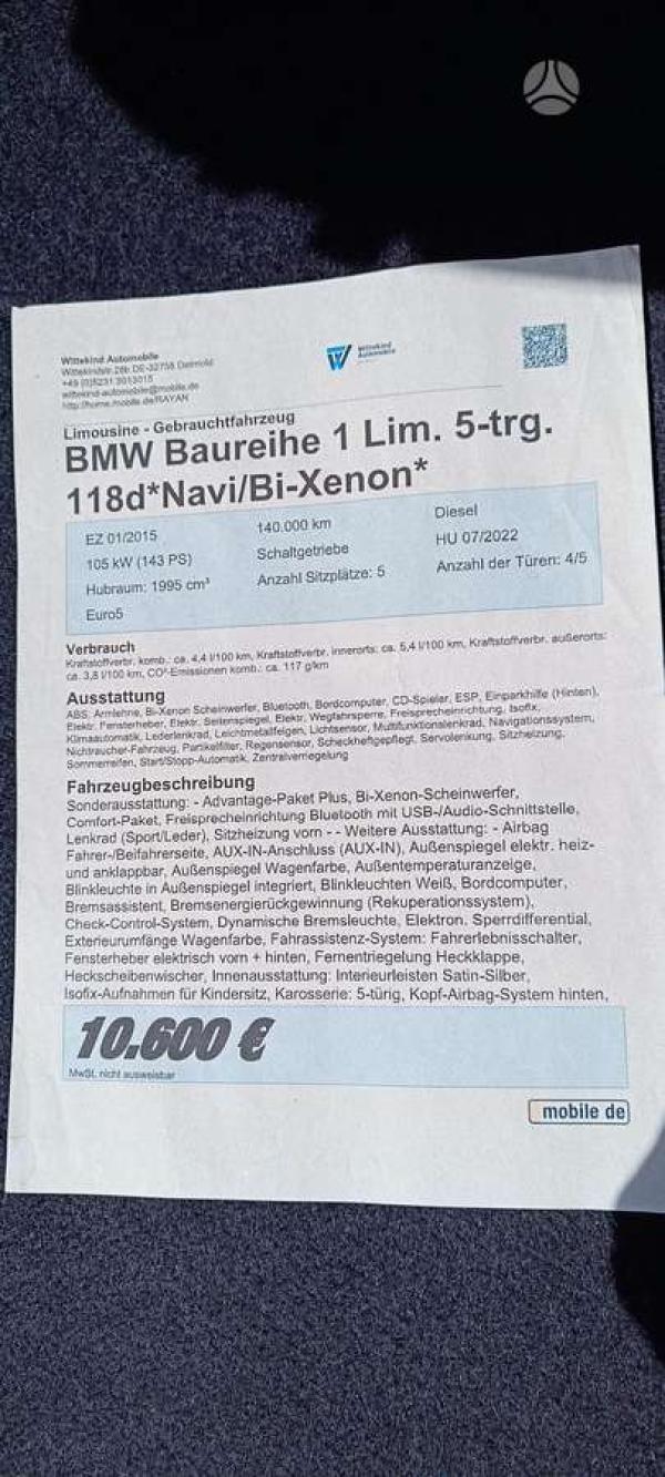Melns BMW 118 2015 Telšiai, ar dzinēja tilpumu 2.00 L un nobraukumu 274 tūkst. km par 5200 €, foto 2 vietnē AUTOMOTO.COM.LV