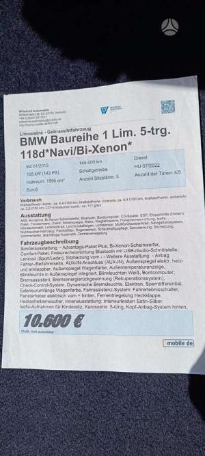 Melns BMW 118 2015 Telšiai, ar dzinēja tilpumu 2.00 L un nobraukumu 274 tūkst. km par 5200 €, foto 3 vietnē AUTOMOTO.COM.LV