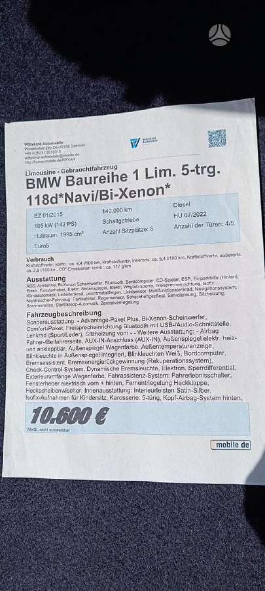 Melns BMW 118 2015 Telšiai, ar dzinēja tilpumu 2.00 L un nobraukumu 274 tūkst. km par 5200 €, foto 3 vietnē AUTOMOTO.COM.LV