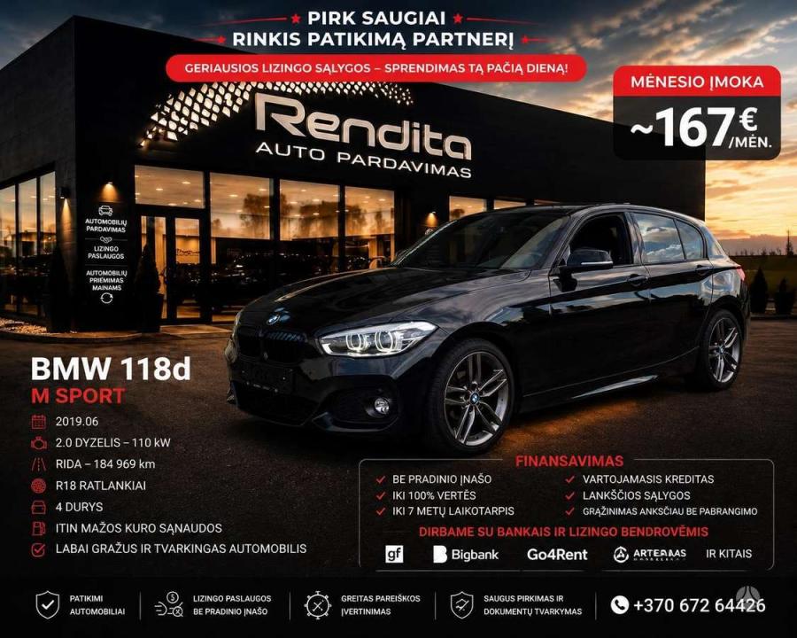 Black BMW 118 2019 in Kretinga, with an engine capacity of 2.00 L and mileage of 185 thousand km for 11999 €, photo 34 on AUTOMOTO.COM.LV