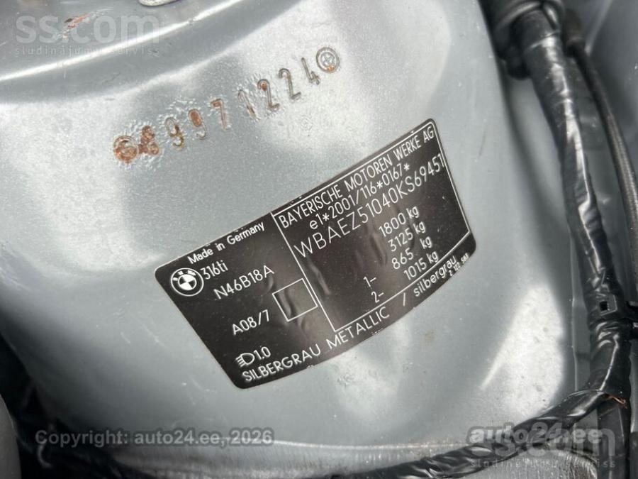 Pelēks BMW 316 2002 Tallina, ar dzinēja tilpumu 1.80 L un nobraukumu 230 tūkst. km par 2000 €, foto 12 vietnē AUTOMOTO.COM.LV
