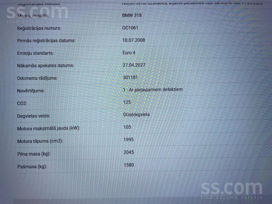 Pelēks BMW 318 2008 Rīga, ar dzinēja tilpumu 2.00 L un nobraukumu 302 tūkst. km par 2890 €, foto 17 vietnē AUTOMOTO.COM.LV