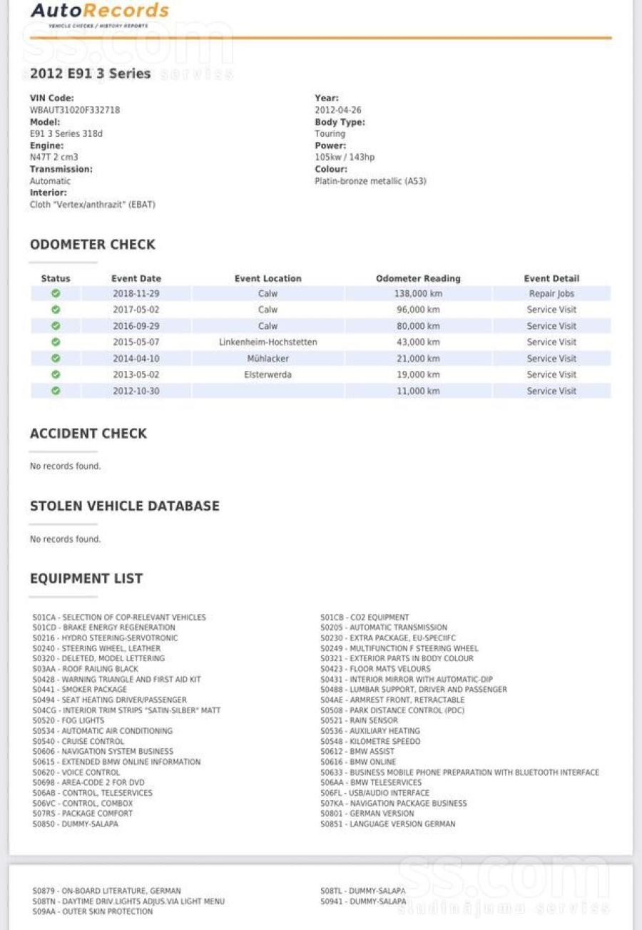 BMW 318 2012 in Riga, with an engine capacity of 2.00 L and mileage of 239 thousand km for 6390 €, photo 33 on AUTOMOTO.COM.LV