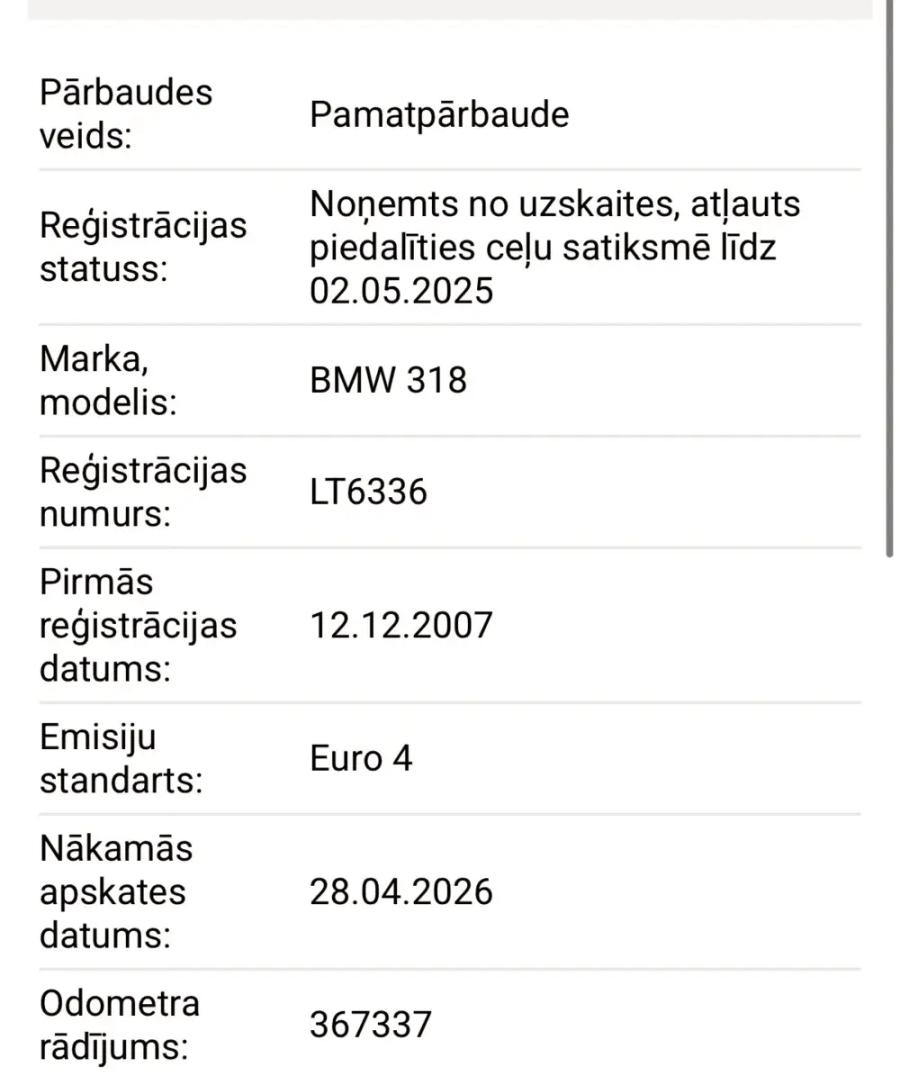 White BMW 318 2007 in Riga, with an engine capacity of 2.00 L and mileage of 367 thousand km for 4490 €, photo 28 on AUTOMOTO.COM.LV