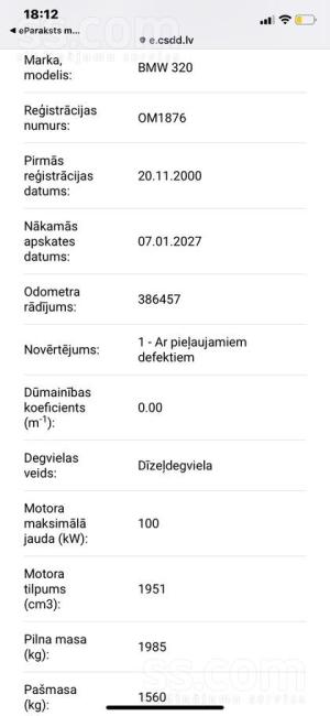 BMW 320 2000 Rīga, ar dzinēja tilpumu 2.00 L un nobraukumu 390 tūkst. km par 990 €, foto 15 vietnē AUTOMOTO.COM.LV