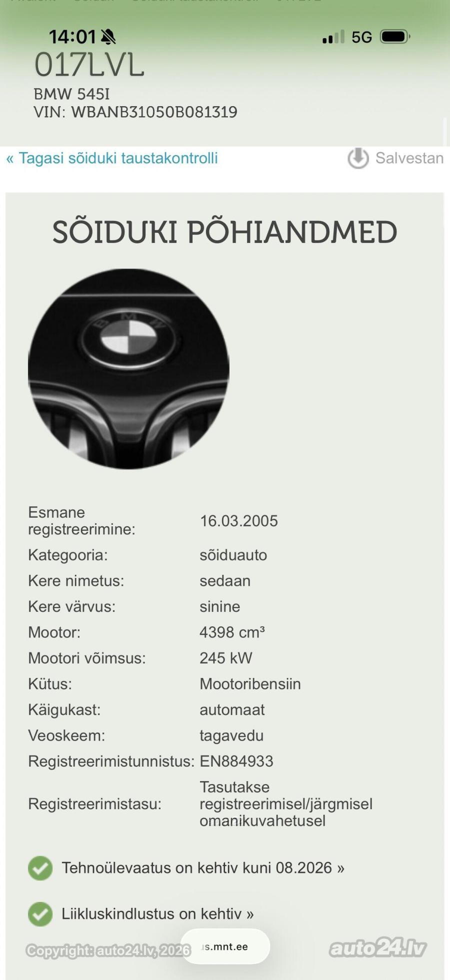 Синий БМВ 5 Серия 2005 в Вильянди, объемом двигателя 4.40 л и пробегом 310 тыс. км за 9250 €, фото 10 на AUTOMOTO.COM.LV