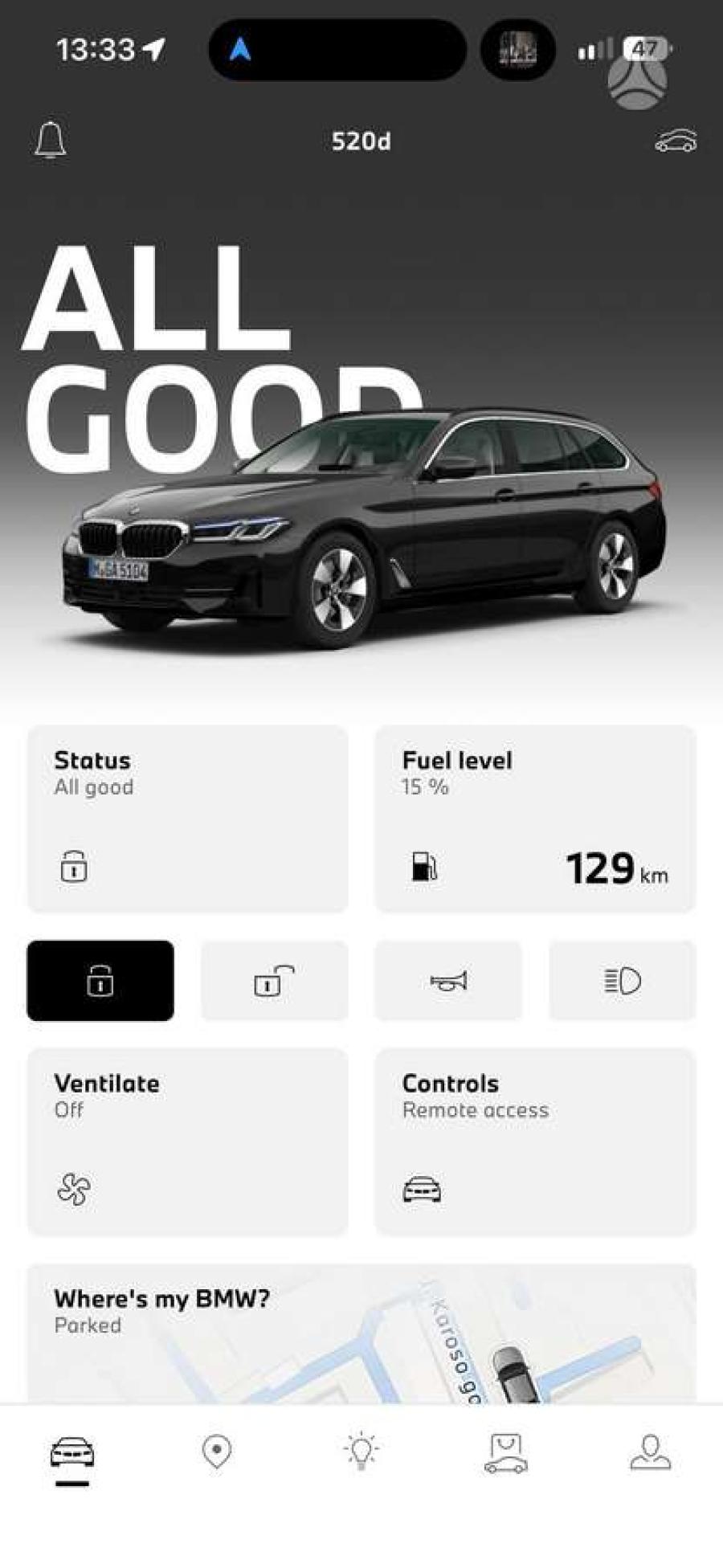 Black BMW 520 2023 in Klaipeda, with an engine capacity of 2.00 L and mileage of 99 thousand km for 28500 €, photo 31 on AUTOMOTO.COM.LV