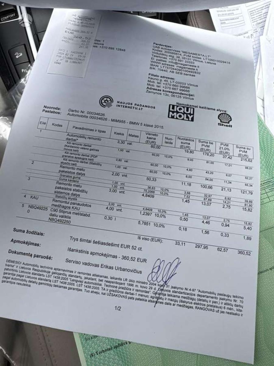 Grey BMW 520 2015 in Kaunas, with an engine capacity of 2.00 L and mileage of 227 thousand km for 13400 €, photo 42 on AUTOMOTO.COM.LV