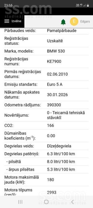 Black BMW 530 2010 in Daugavpils, with an engine capacity of 3.00 L and mileage of 420 thousand km for 6350 €, photo 17 on AUTOMOTO.COM.LV