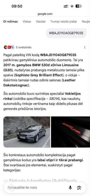 Grey BMW 530 2017 in Siauliai, with an engine capacity of 2.99 L and mileage of 258 thousand km for 14990 €, photo 5 on AUTOMOTO.COM.LV