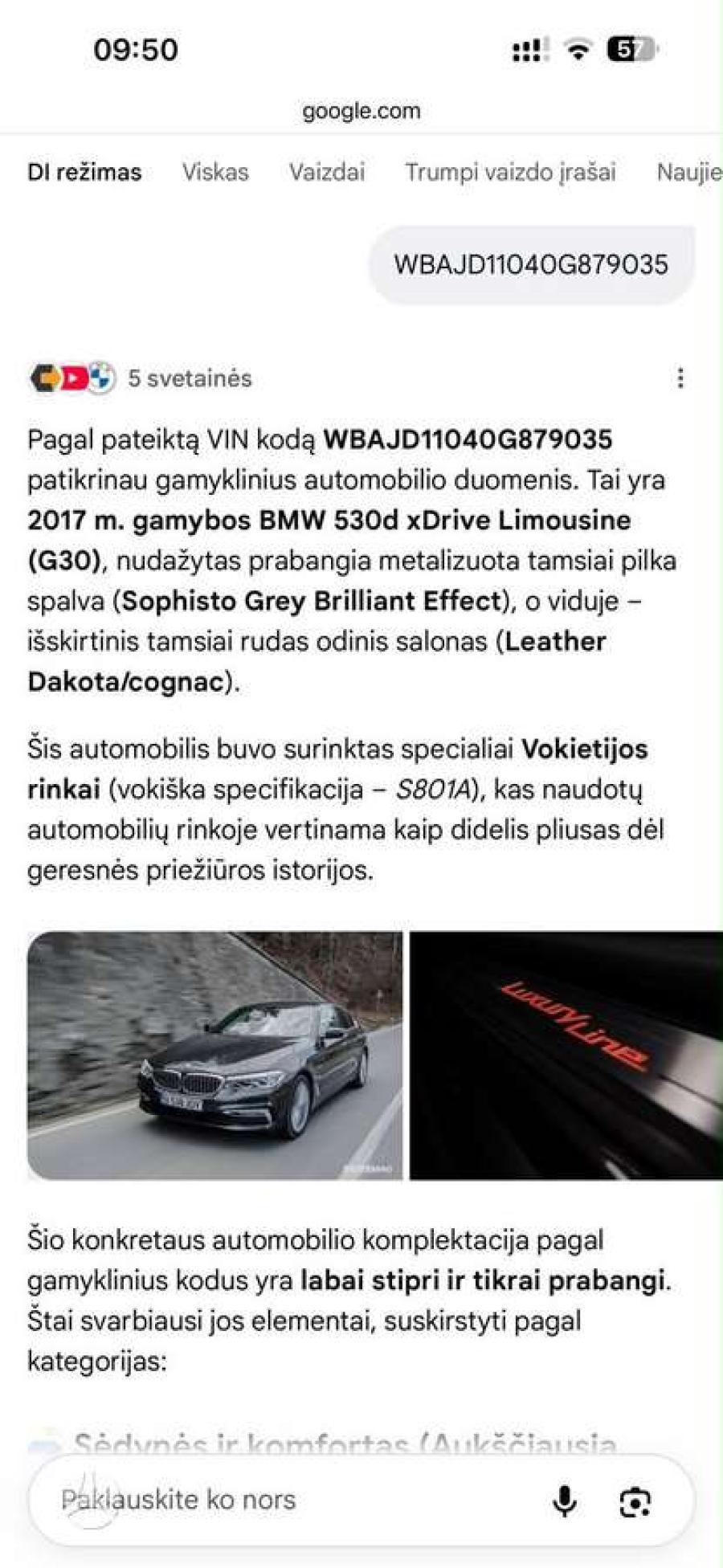 Grey BMW 530 2017 in Siauliai, with an engine capacity of 2.99 L and mileage of 258 thousand km for 14990 €, photo 5 on AUTOMOTO.COM.LV