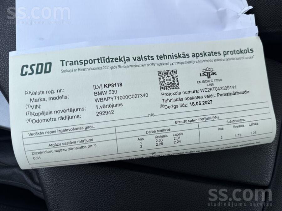 Grey BMW 530 2009 in Riga, with an engine capacity of 3.00 L and mileage of 292 thousand km for 3990 €, photo 31 on AUTOMOTO.COM.LV