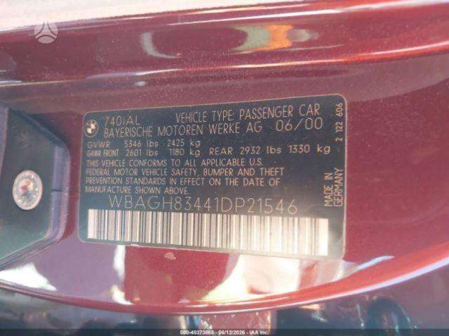 Red BMW 740 2001 in Klaipeda, with an engine capacity of 0.00 L and mileage of 162 thousand km for 2960 €, photo 10 on AUTOMOTO.COM.LV