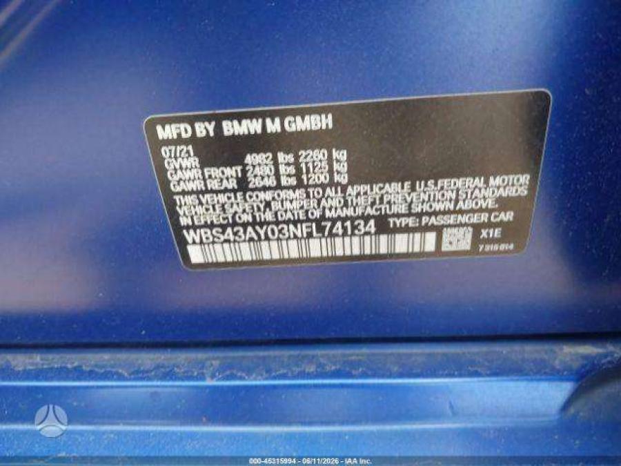 Blue BMW M3 2022 in Klaipeda, with an engine capacity of 0.30 L and mileage of 92 thousand km for 28500 €, photo 14 on AUTOMOTO.COM.LV