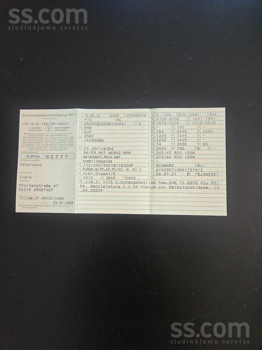 Черный БМВ Х3 2022 в Кулдига, объемом двигателя 3.00 л и пробегом 114 тыс. км за 45990 €, фото 25 на AUTOMOTO.COM.LV