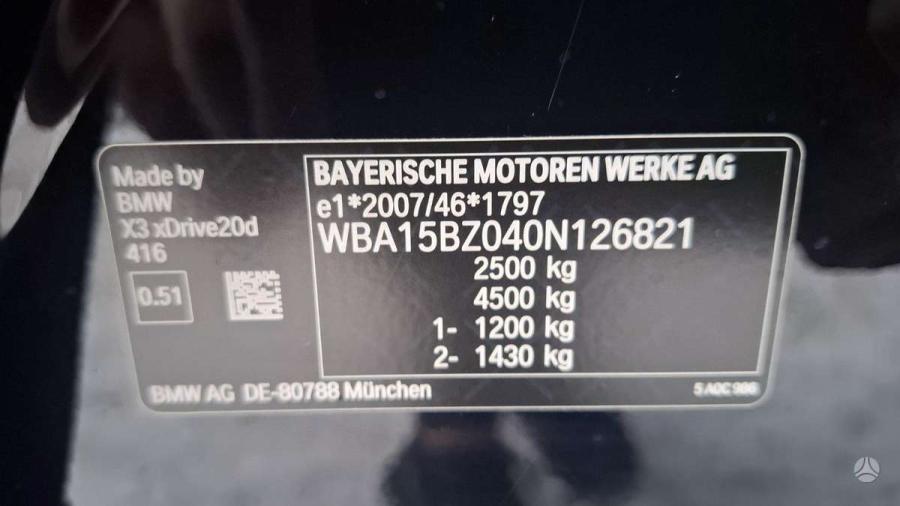Синий БМВ Х3 2022 в Шяуляй, объемом двигателя 2.00 л и пробегом 115 тыс. км за 39900 €, фото 28 на AUTOMOTO.COM.LV