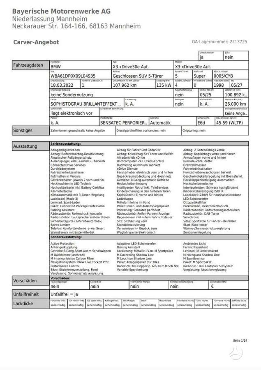Grey BMW X3 2022 in Vilnius, with an engine capacity of 2.00 L and mileage of 108 thousand km for 39444 €, photo 29 on AUTOMOTO.COM.LV