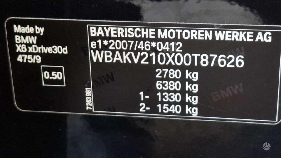 Black BMW X6 2016 in Kaunas, with an engine capacity of 2.99 L and mileage of 269 thousand km for 23900 €, photo 20 on AUTOMOTO.COM.LV