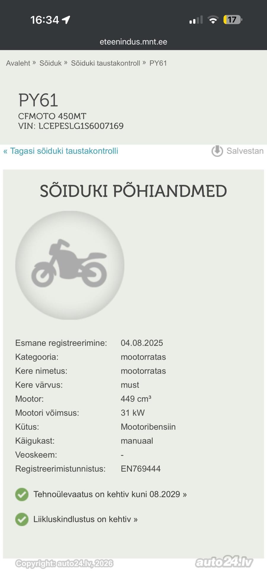 Black CFMOTO 450 MT 2025 in Tartu, with an engine capacity of 0.45 L and mileage of 2 thousand km for 6500 €, photo 10 on AUTOMOTO.COM.LV