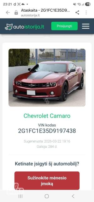 Sarkans Chevrolet Camaro 2013 Viļņa, ar dzinēja tilpumu 3.60 L un nobraukumu 186 tūkst. km par 12700 €, foto  vietnē AUTOMOTO.COM.LV
