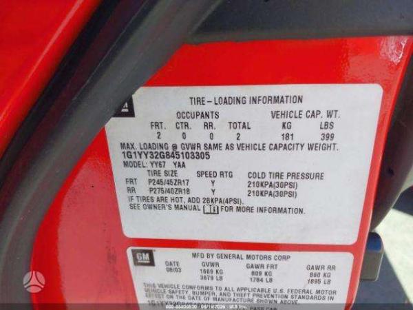 Red Chevrolet Corvette 2004 in Klaipeda, with an engine capacity of 0.00 L and mileage of 157 thousand km for 7725 €, photo 9 on AUTOMOTO.COM.LV