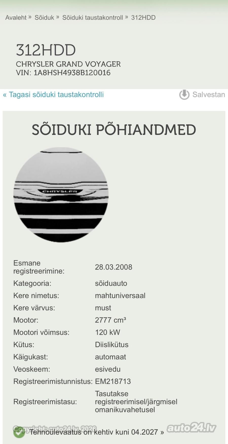 Черный Крайслер Гранд Вояджер 2008 в Тарту, объемом двигателя 2.80 л и пробегом 265 тыс. км за 3499 €, фото 23 на AUTOMOTO.COM.LV