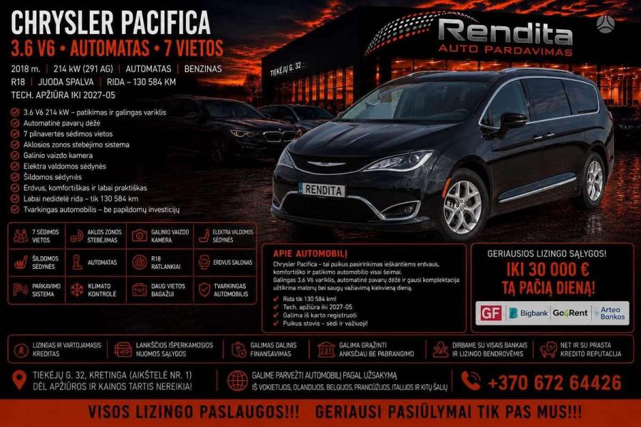 Black Chrysler Pacifica 2018 in Kretinga, with an engine capacity of 3.61 L and mileage of 131 thousand km for 15499 €, photo 38 on AUTOMOTO.COM.LV