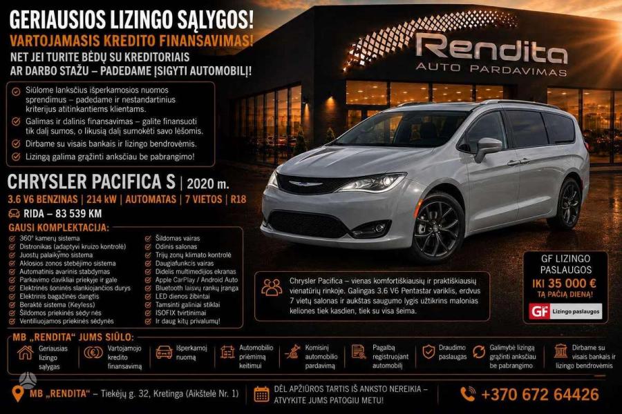 Grey Chrysler Pacifica 2020 in Kretinga, with an engine capacity of 3.61 L and mileage of 84 thousand km for 24499 €, photo 47 on AUTOMOTO.COM.LV