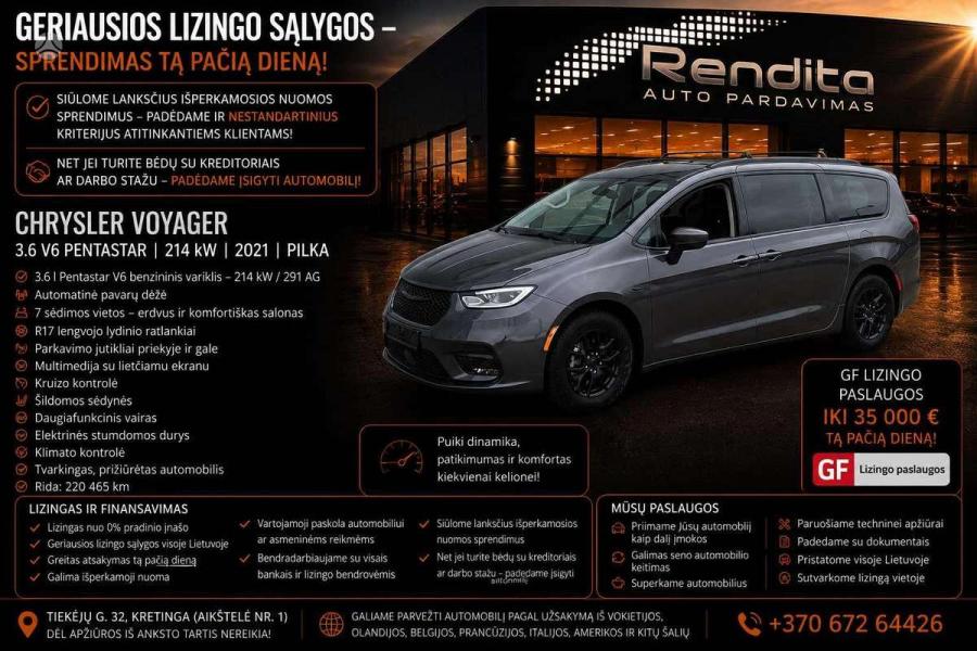 Grey Chrysler Pacifica 2021 in Kretinga, with an engine capacity of 3.60 L and mileage of 220 thousand km for 17450 €, photo 43 on AUTOMOTO.COM.LV