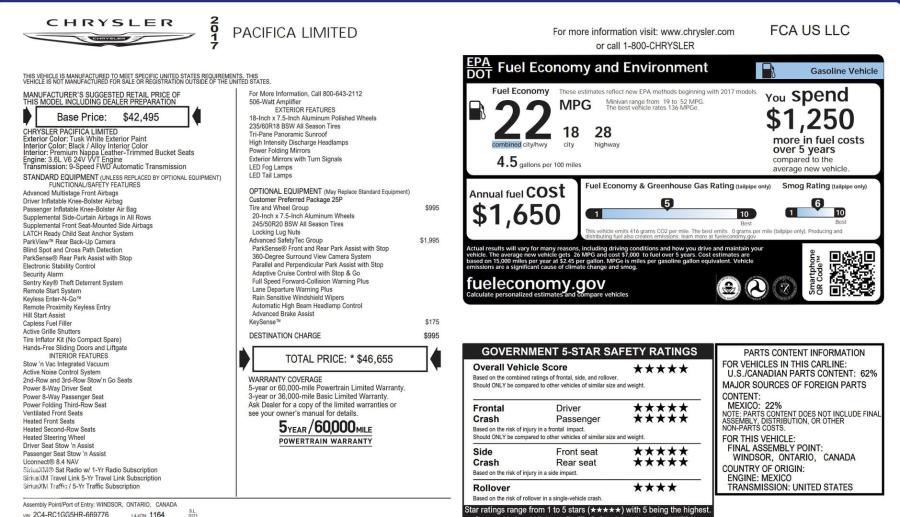 White Chrysler Pacifica 2017 in Druskininkai, with an engine capacity of 3.60 L and mileage of 217 thousand km for 11500 €, photo 11 on AUTOMOTO.COM.LV